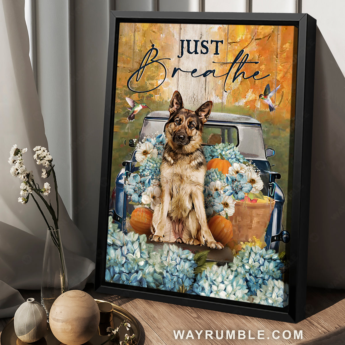Watercolor German Shepherd, Blue flower garden, Hummingbird, Just brea ...