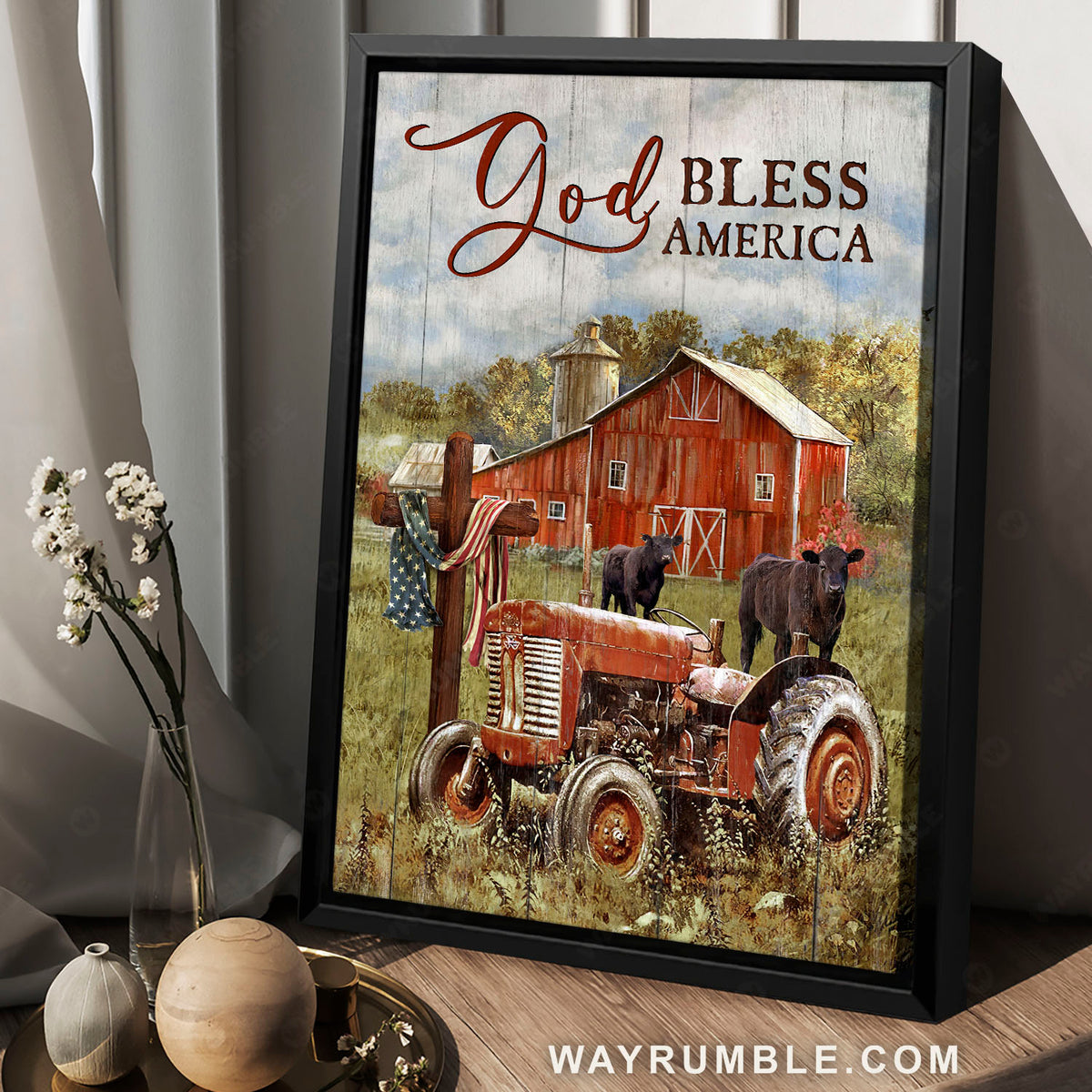 Red tractor, Storage shed, Black cow, God bless America - Jesus Portra ...
