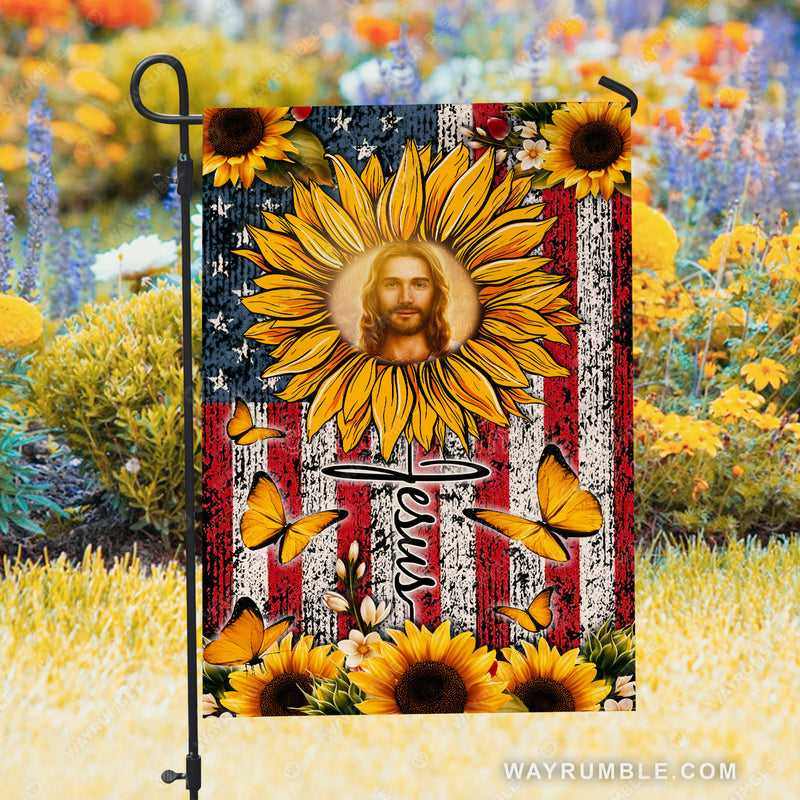 Jesus face, Sunflower garden, US flag background, Jesus - Jesus Flag ...