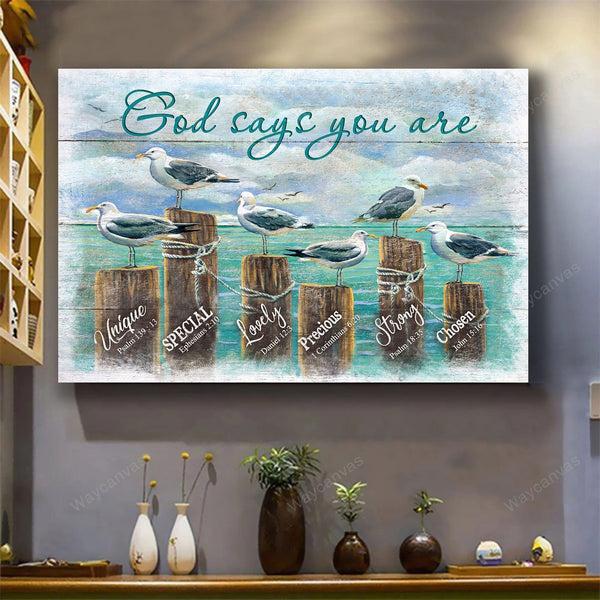 Seagull painting, Blue ocean, God says you are - Jesus Landscape Canva ...