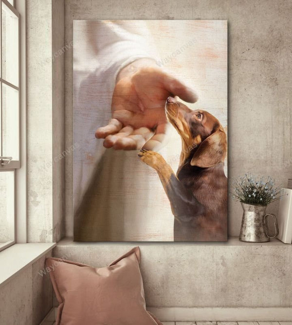 Dachshund dog, Jesus's hand, Light background - Dachshund Portrait Can ...