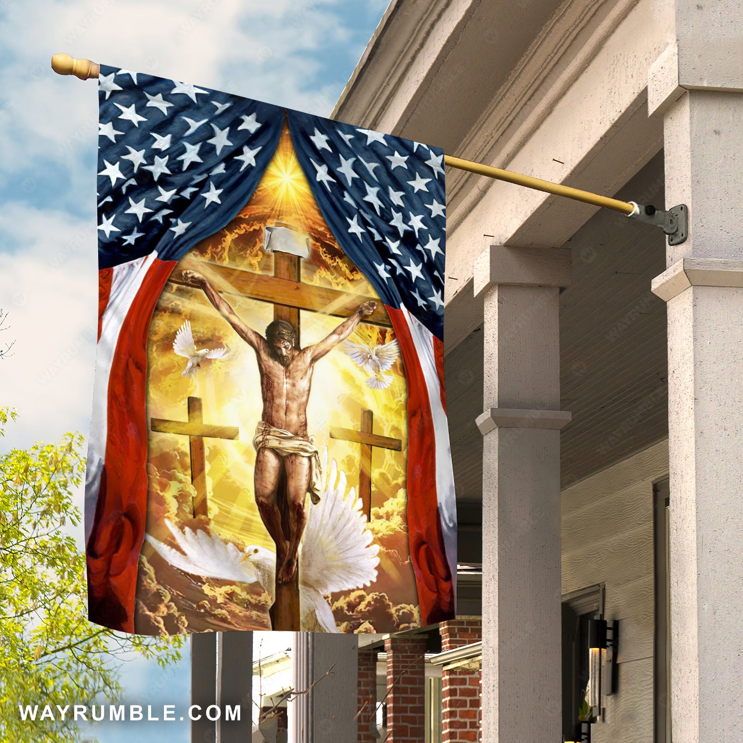 Crucifixion of Jesus, Three crosses, American flag, Holy spirit dove ...